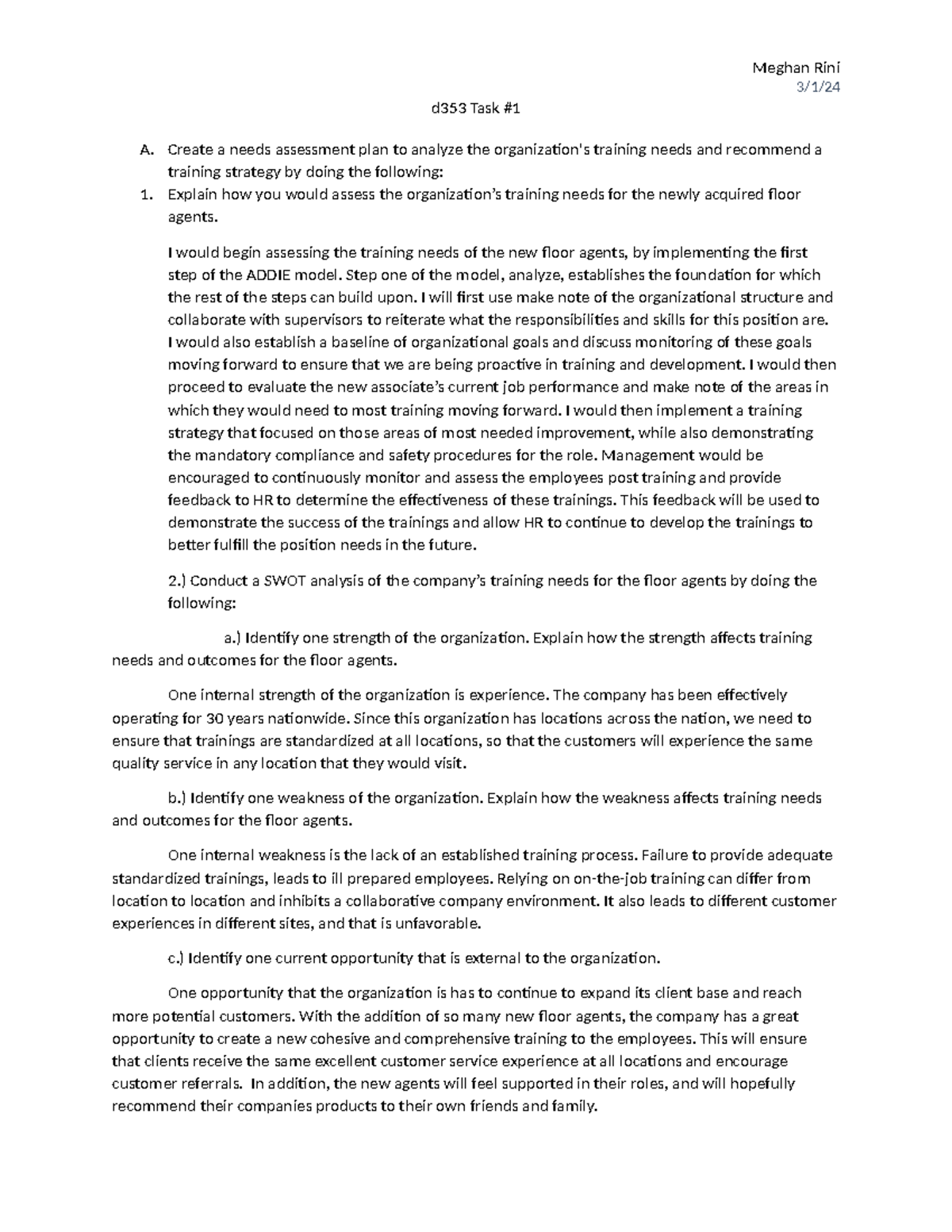 D353 task 1 draft - Meghan Rini 3/1/ d353 Task A. Create a needs ...