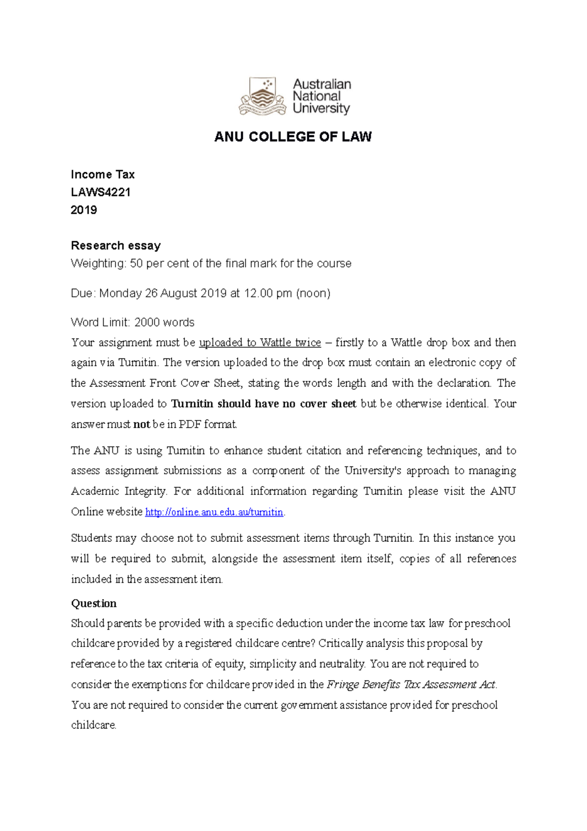 Income Tax Essay 2019 - ANU COLLEGE OF LAW Income Tax LAWS4221 2019 ...