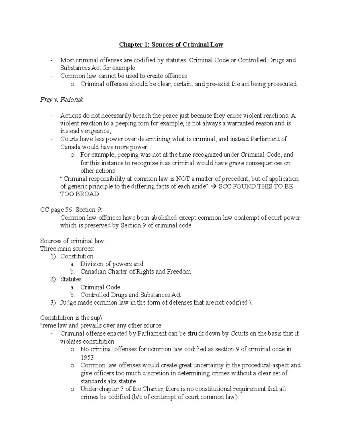 Canadian Crimal Law notes - Chapter 1: Sources of Criminal Law Most ...