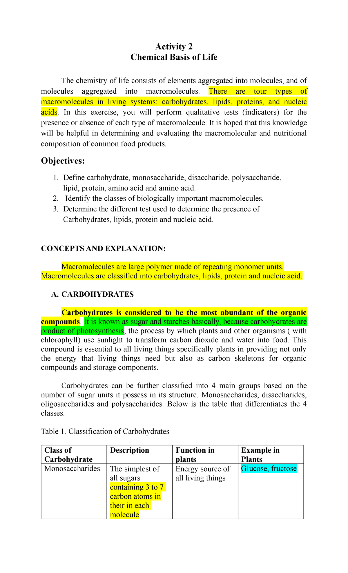Activity 2 the chemistry of life - Activity 2 Chemical Basis of Life ...