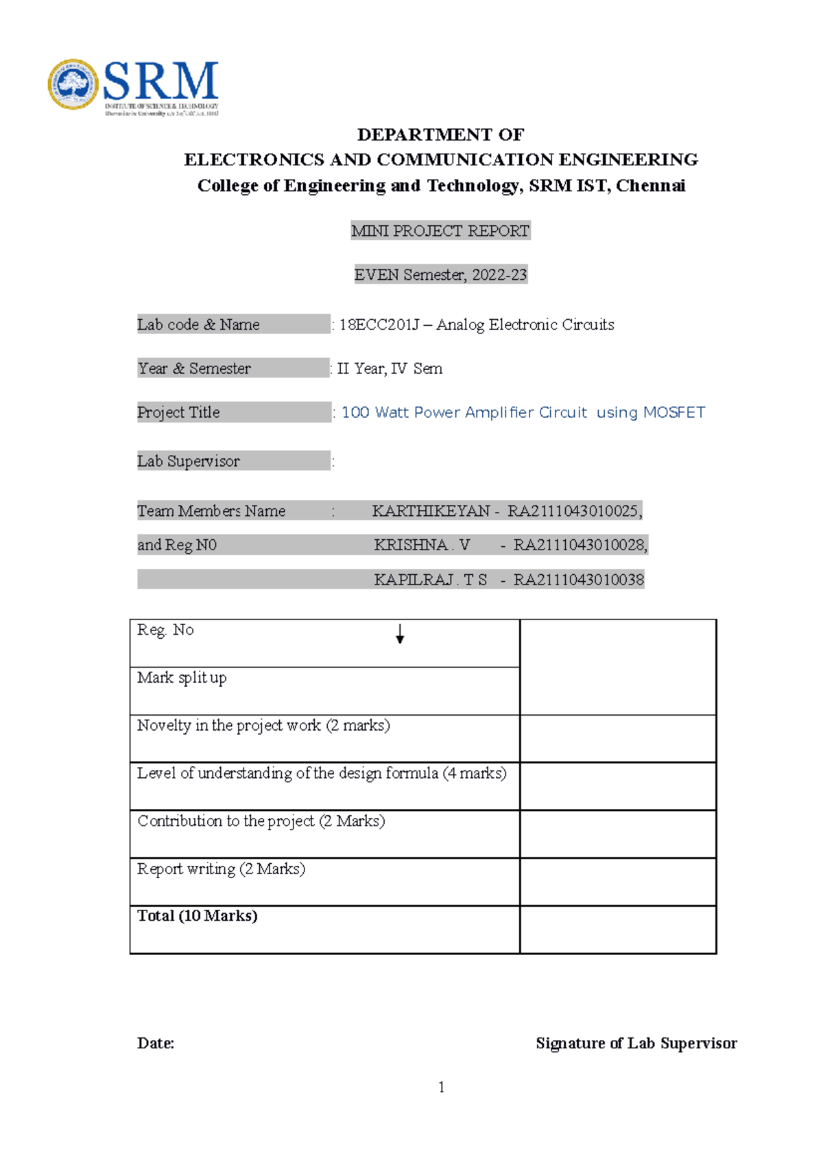 Mini Project report Format 2 - DEPARTMENT OF ELECTRONICS AND ...