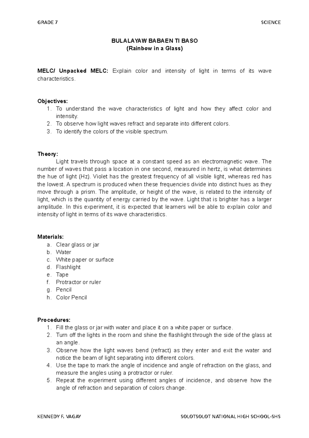 Grade 7 Science Activity 1 - GRADE 7 SCIENCE BULALAYAW BABAEN TI BASO ...