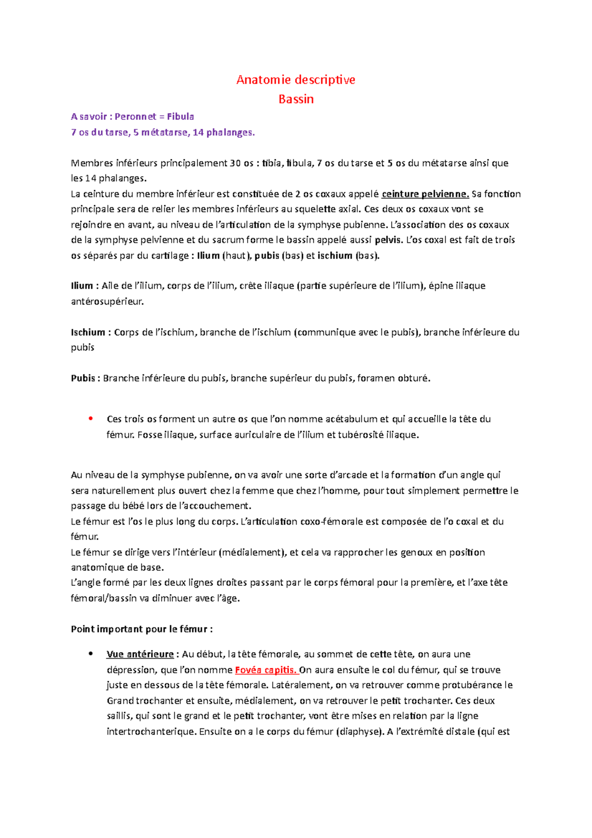 CM5 - Bassin - Notes de cours 5 - Anatomie descriptive Bassin A savoir ...
