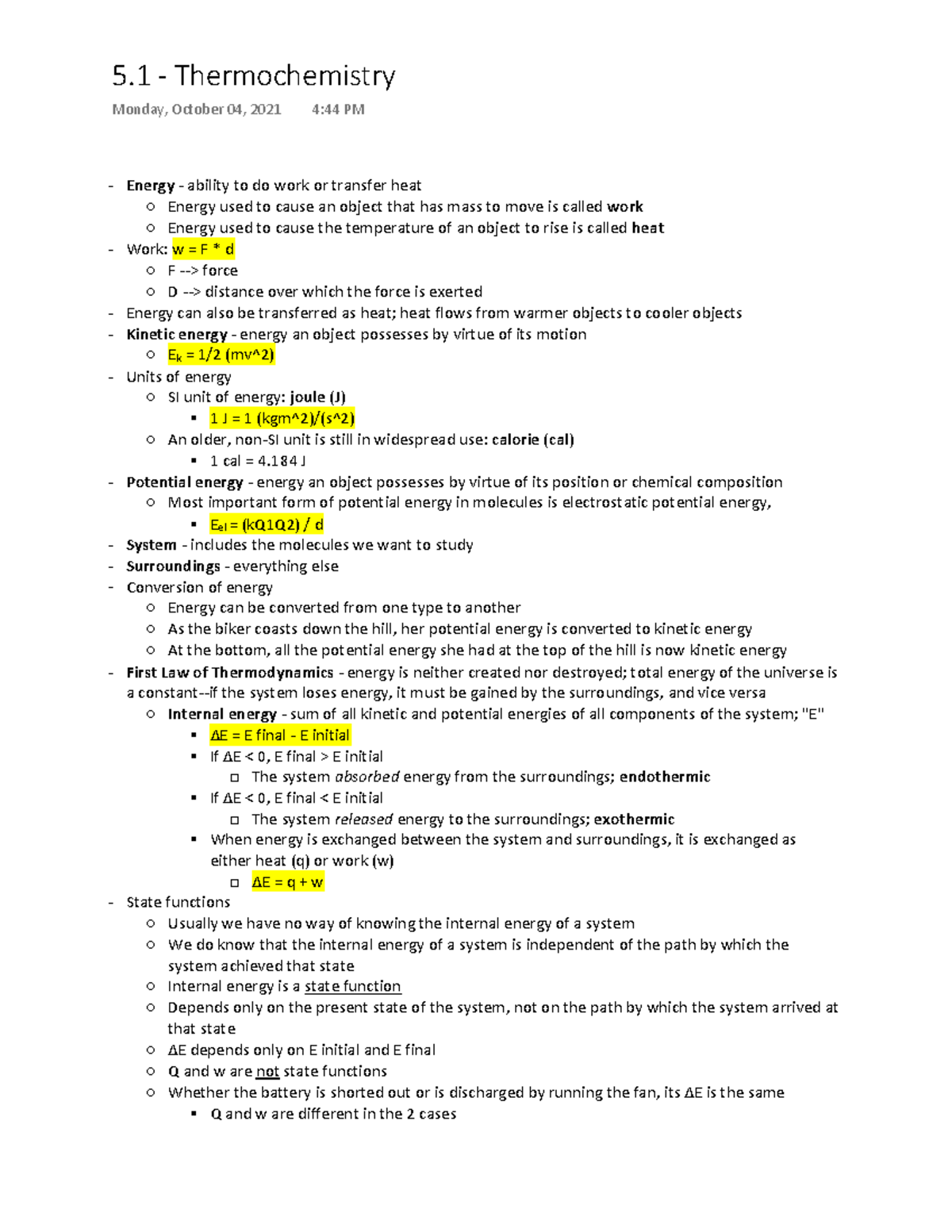 5.1 - Thermochemistry - CHEM 110 lecture notes - Energy- ability to do ...