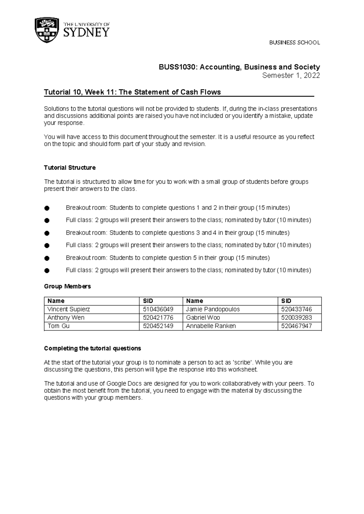 Tutorial 10 Week 11 - BUSS1030: Accounting, Business and Society ...