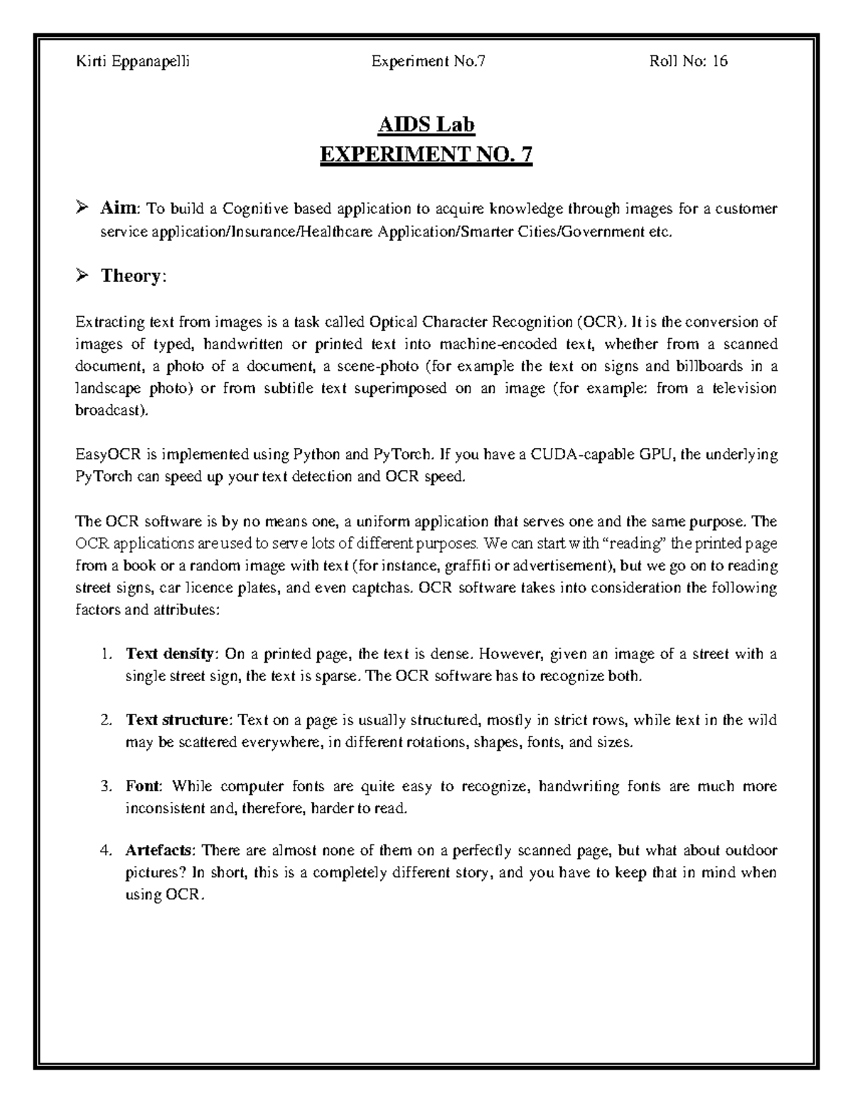 16 AIDS Experiment 7 - Pratical - AIDS Lab EXPERIMENT NO. 7 Aim: To build a Cognitive based ...