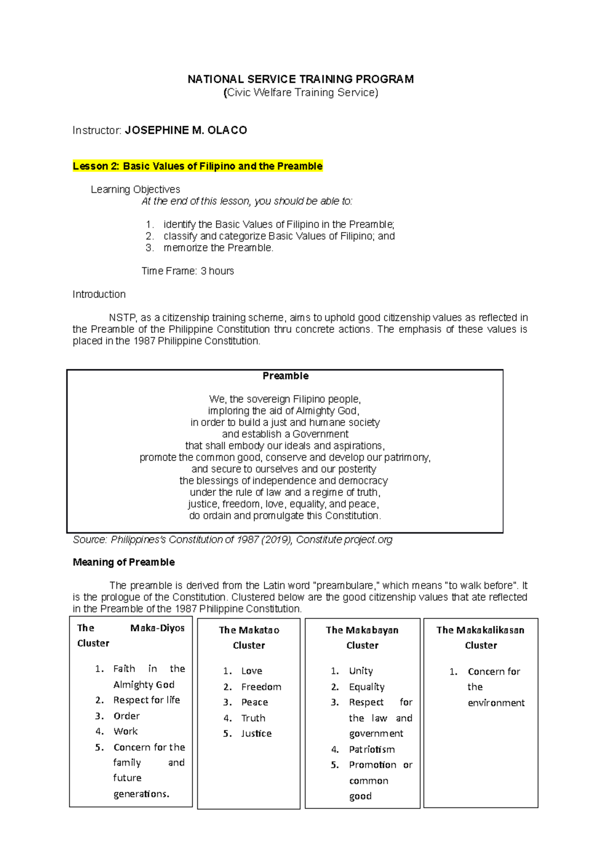 Basic Values of Filipino and the Preamble - NATIONAL SERVICE TRAINING PROGRAM (Civic Welfare ...