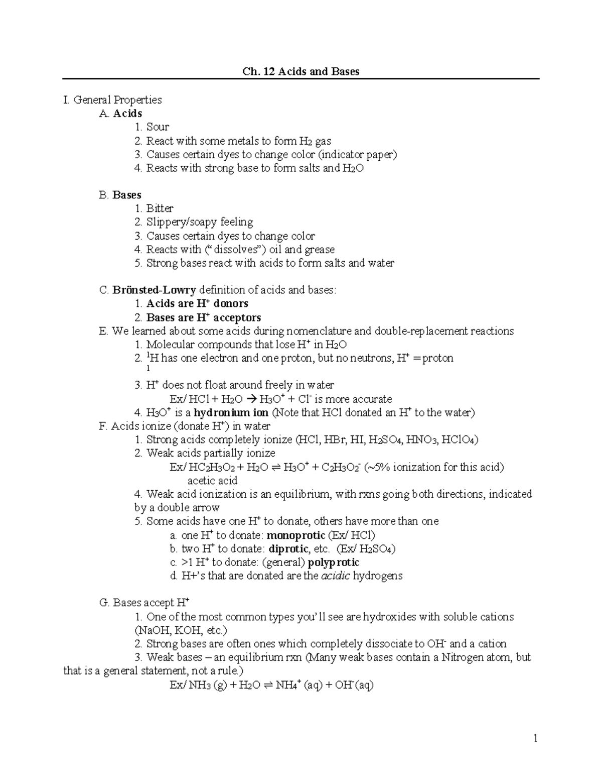 Chapter 12 - Acids and Bases Study Guide - Ch. 12 Acids and Bases I ...