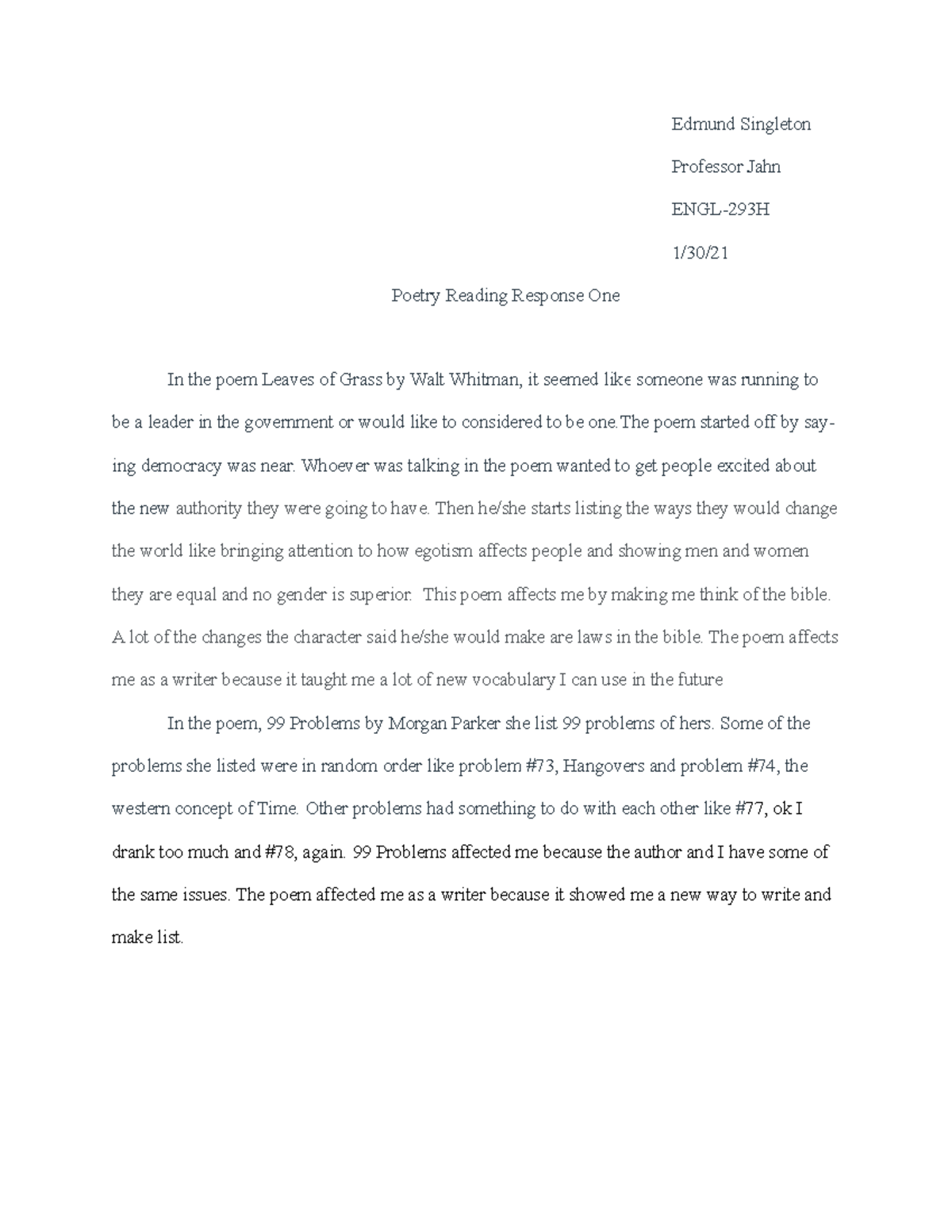 Poetry Reading Response One DOC - Edmund Singleton Professor Jahn ENGL ...