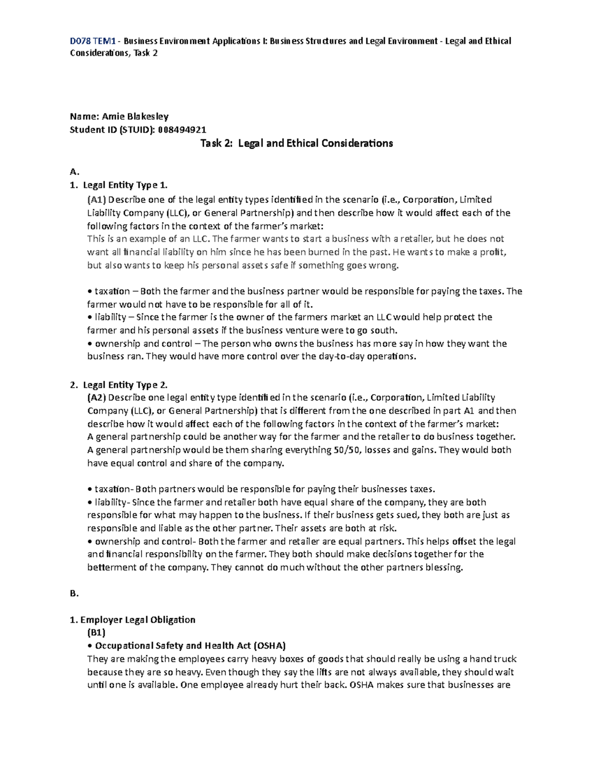 D078 Task 2 - task 2 - D078 TEM1 - Business Environment Applications I ...
