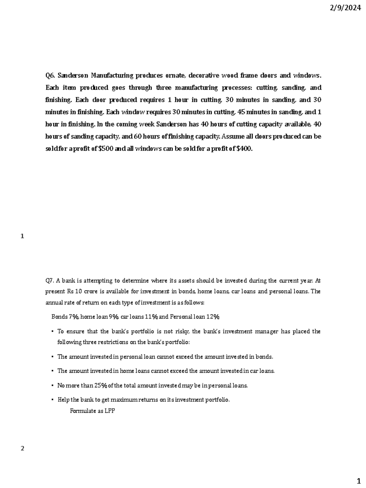 LPP Formulation Problems - 2/9/ 1 Q 6. Sanderson Manufacturing produces ...