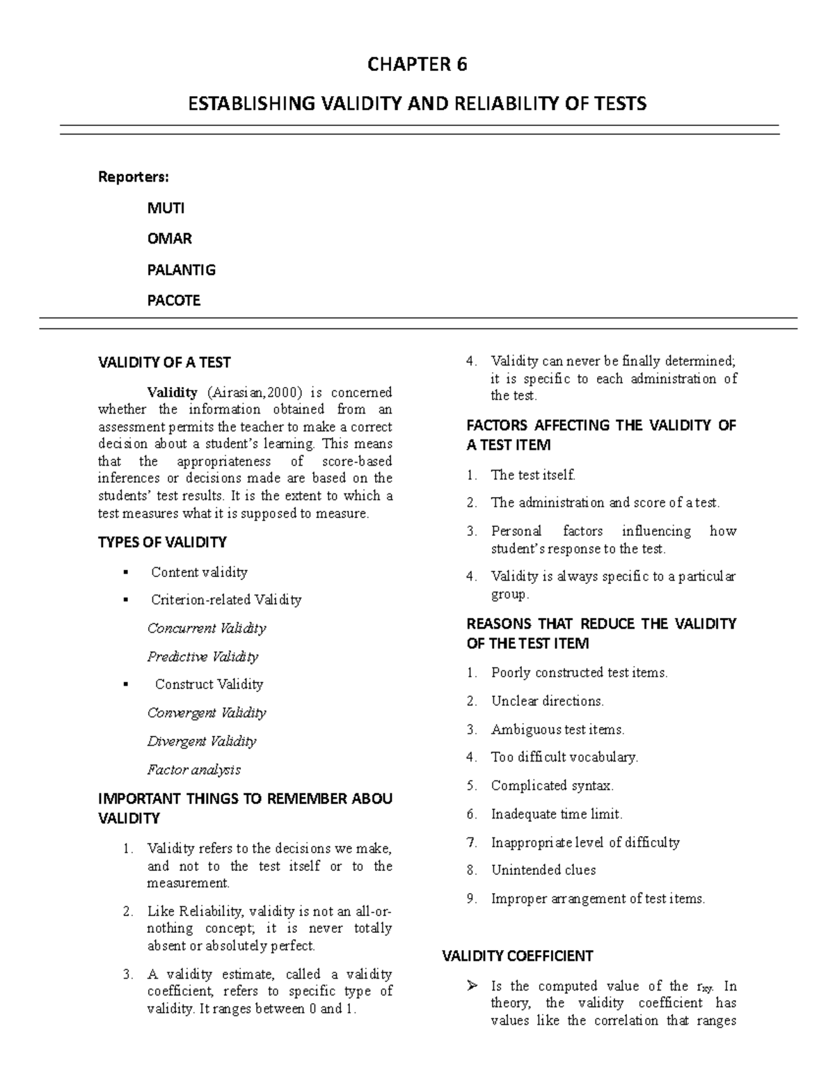 Chapter 6 cpe105 - ENGLISH COURSE - CHAPTER 6 ESTABLISHING VALIDITY AND ...