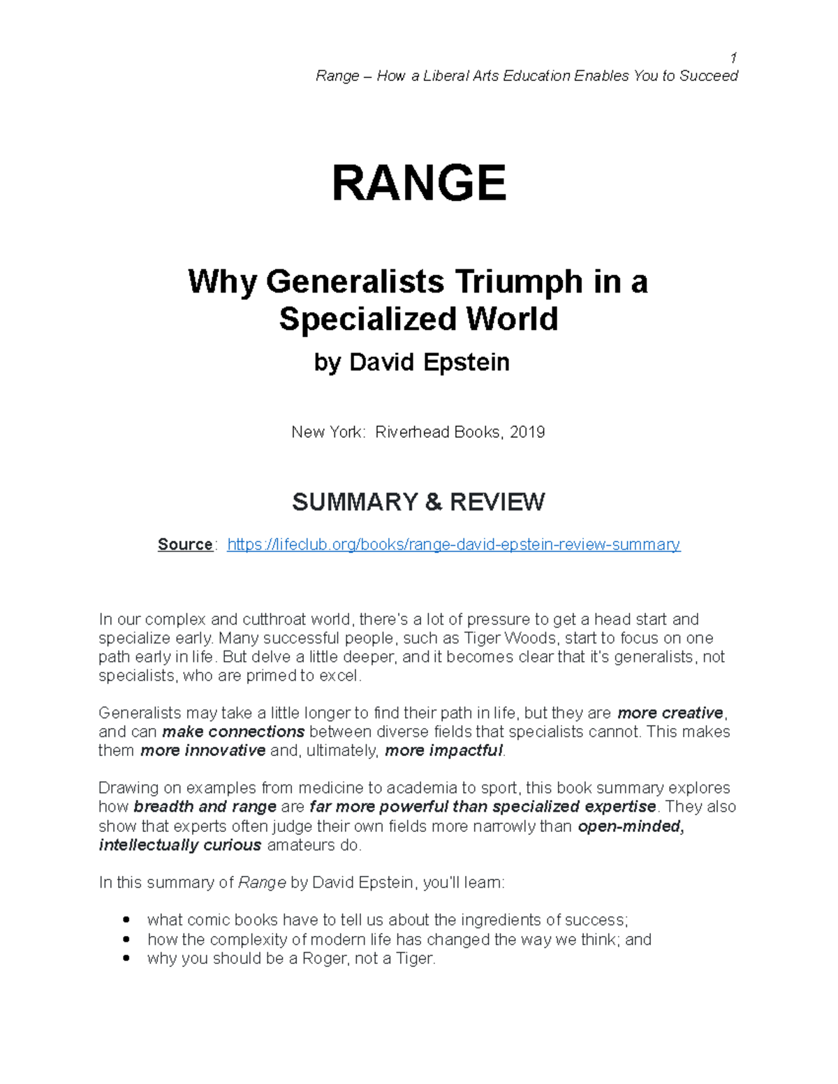 Range reading - Range – How a Liberal Arts Education Enables You to ...