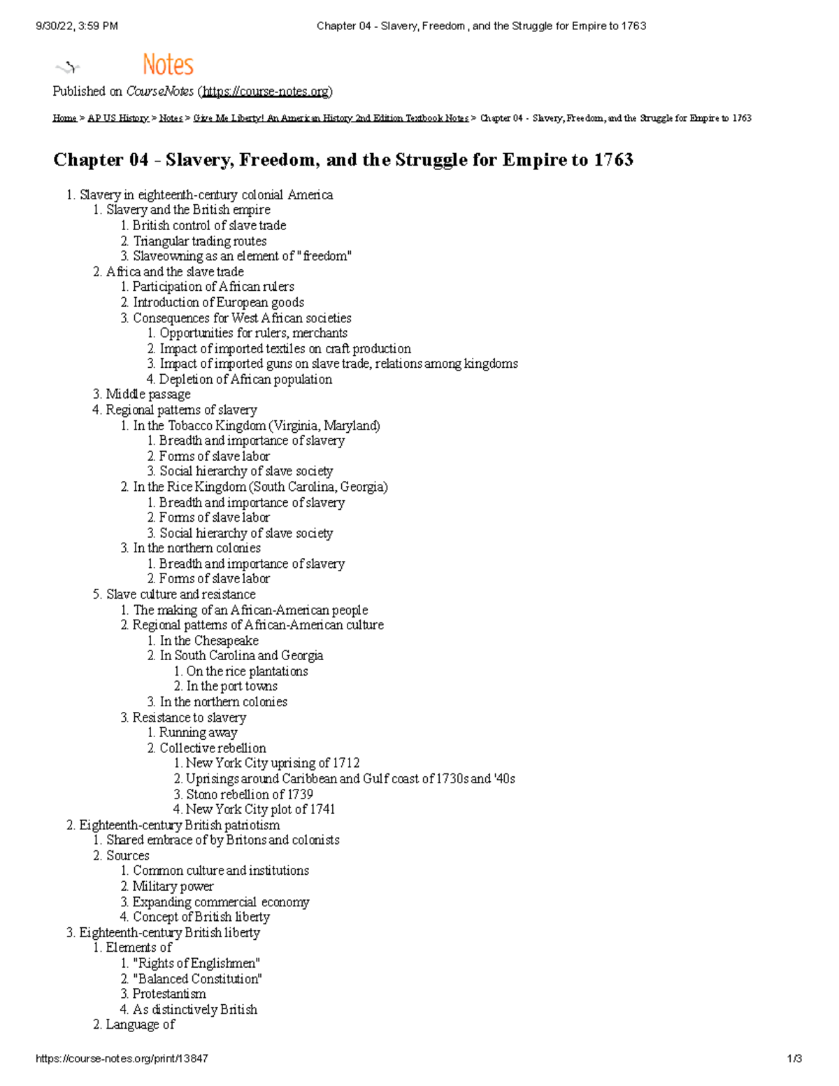 Chapter 04 Notes - Slavery, Freedom, and the Struggle for Empire to ...