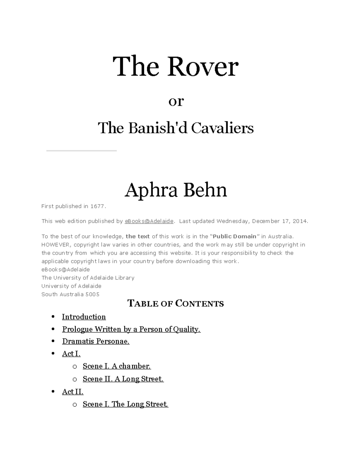 Rover - Play we read. - The Rover or The Banish'd Cavaliers Aphra Behn ...