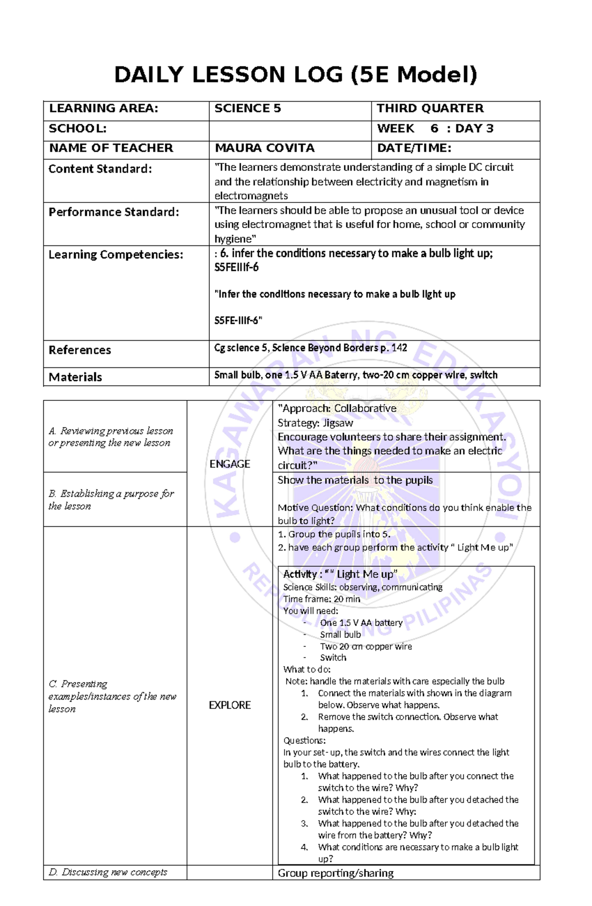 DLL (5E Model) Science 4 - DAILY LESSON LOG (5E Model) LEARNING AREA ...
