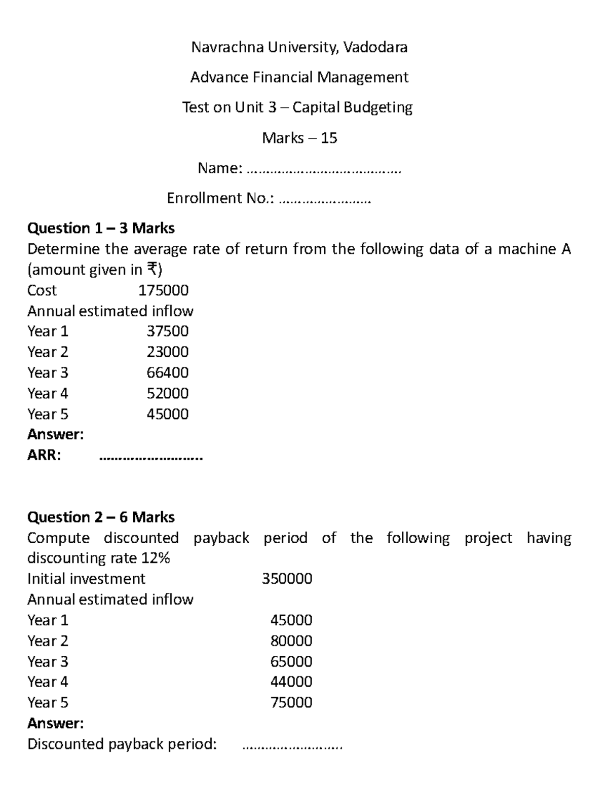 Paper - Navrachna University, Vadodara Advance Financial Management ...