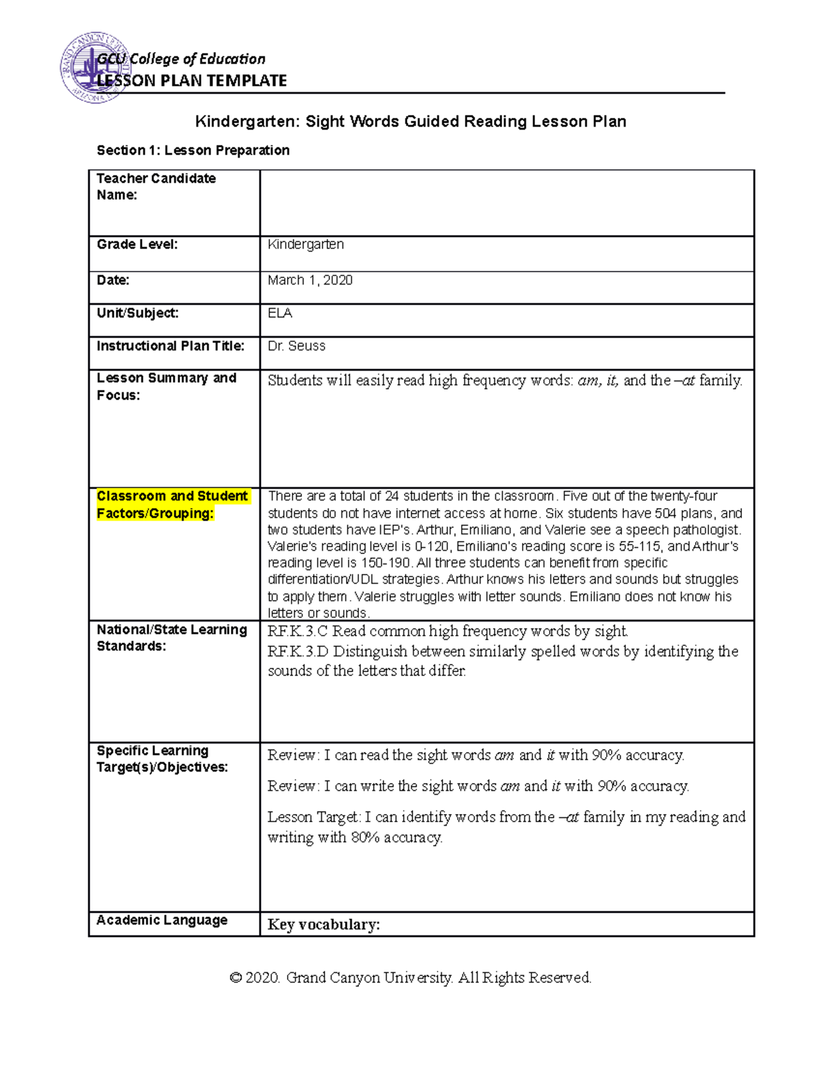 SPD 200 RS Kindergarten Sight Words Guided Reading Lesson Plan - LESSON ...