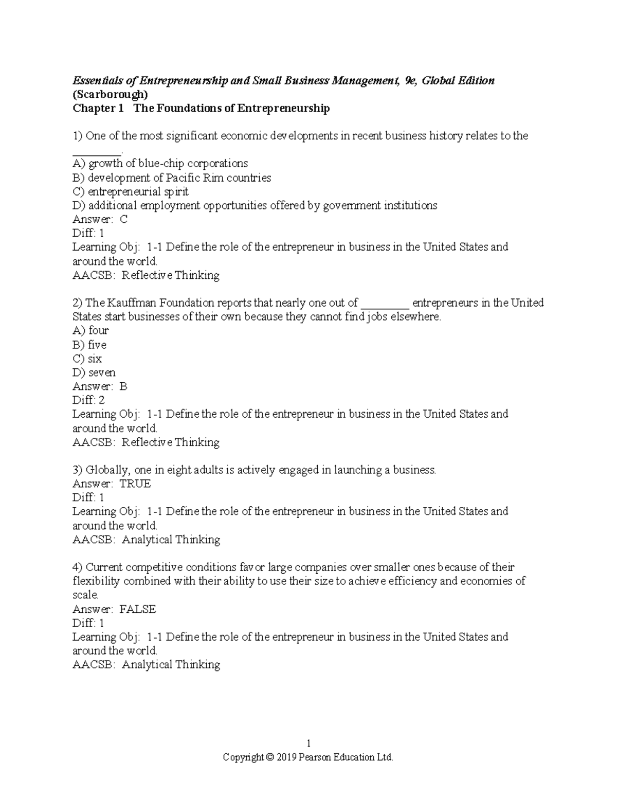 Test bank ch 1 - Essentials of Entrepreneurship and Small Business ...