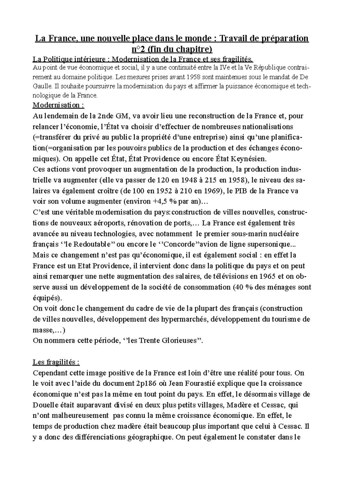 Histoire - La France, une nouvelle place dans le monde : Travail de ...