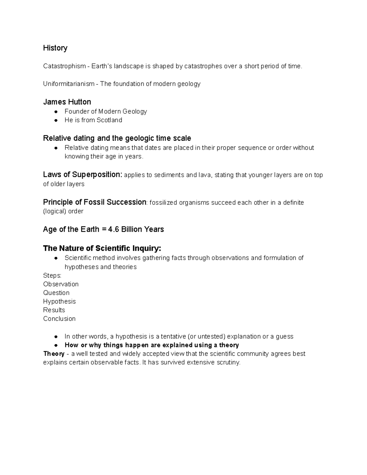Geology 1010 Notes Chapter One and Two - History Catastrophism - Earth ...