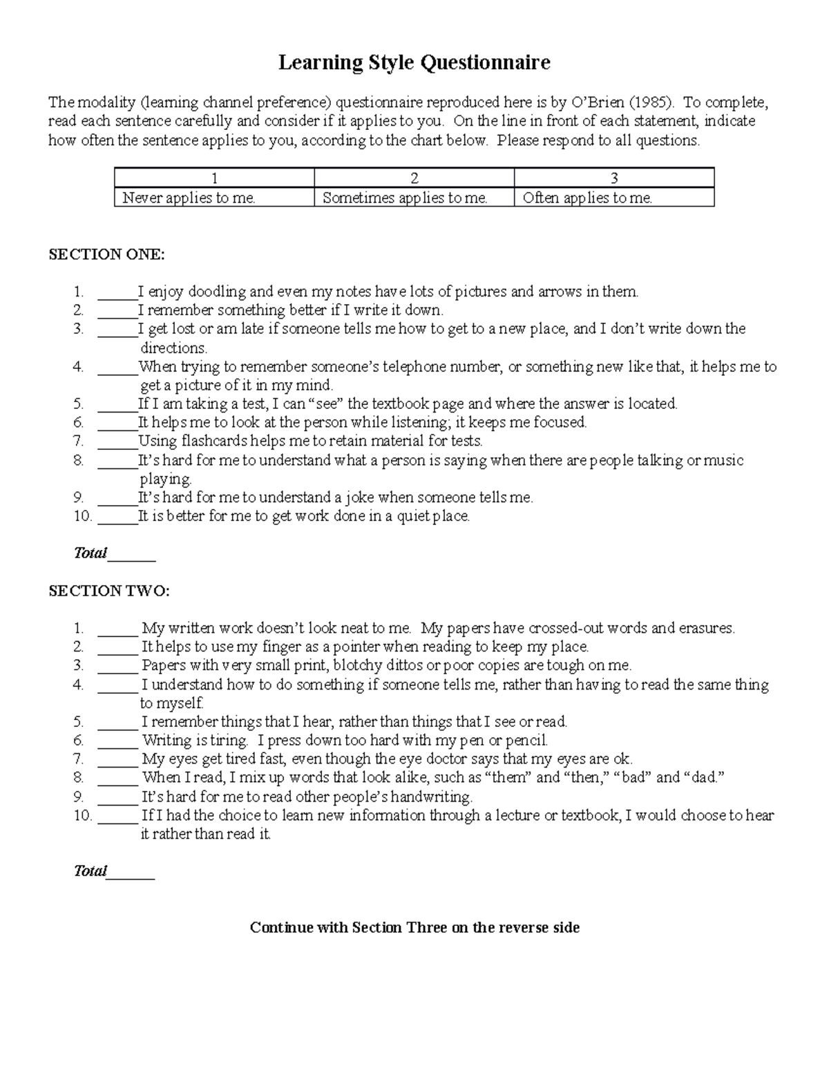 Learning Style Questionnaire - To complete, read each sentence ...