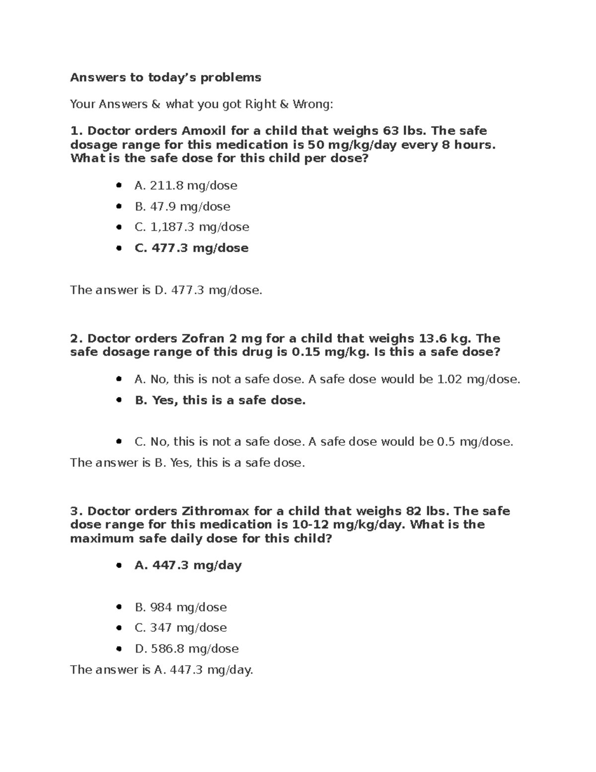 Answers to today - This is a series of practice quizzes for Dosage ...