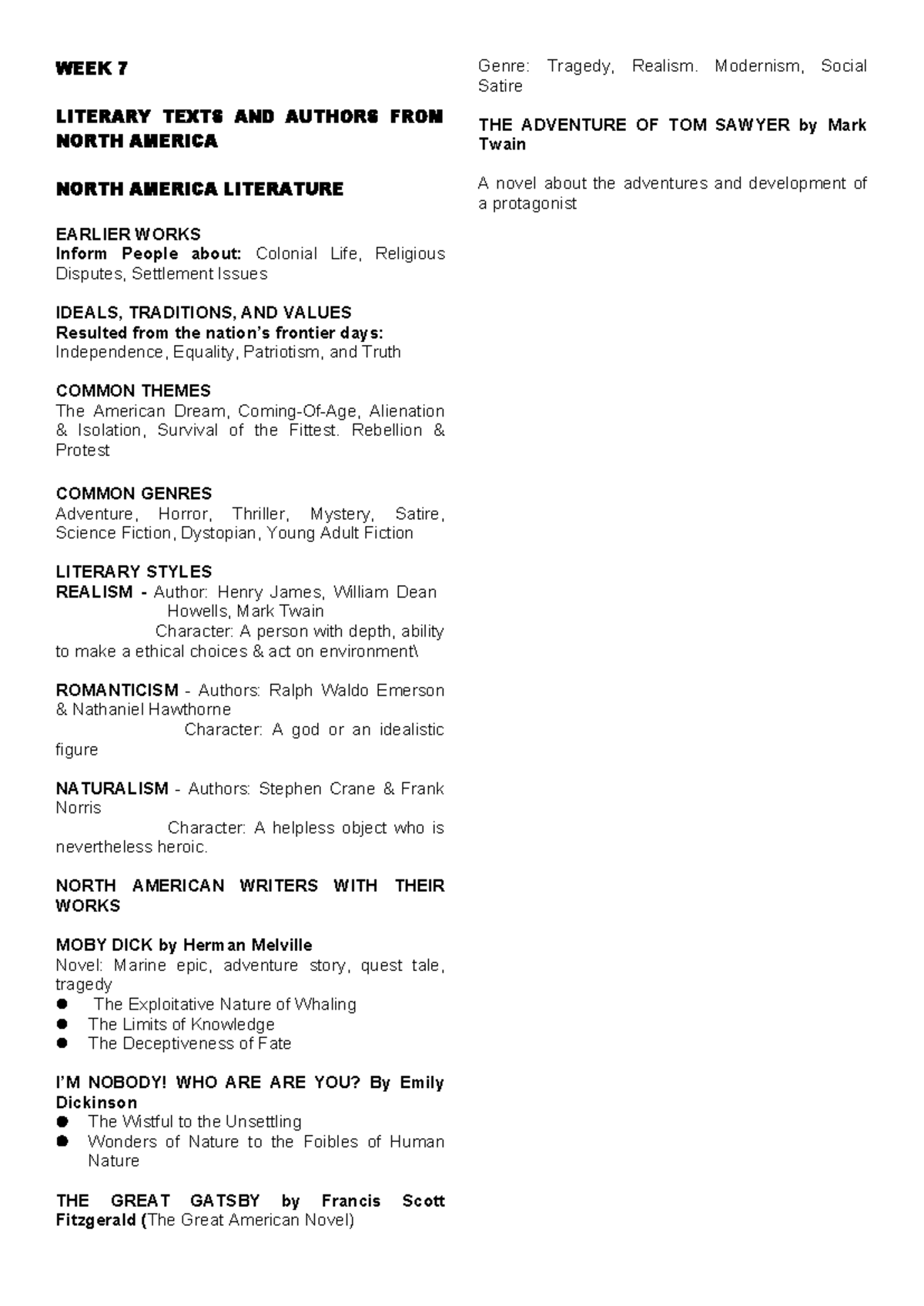 WEEK 7 - Week 7 - WEEK 7 LITERARY TEXTS AND AUTHORS FROM NORTH AMERICA ...