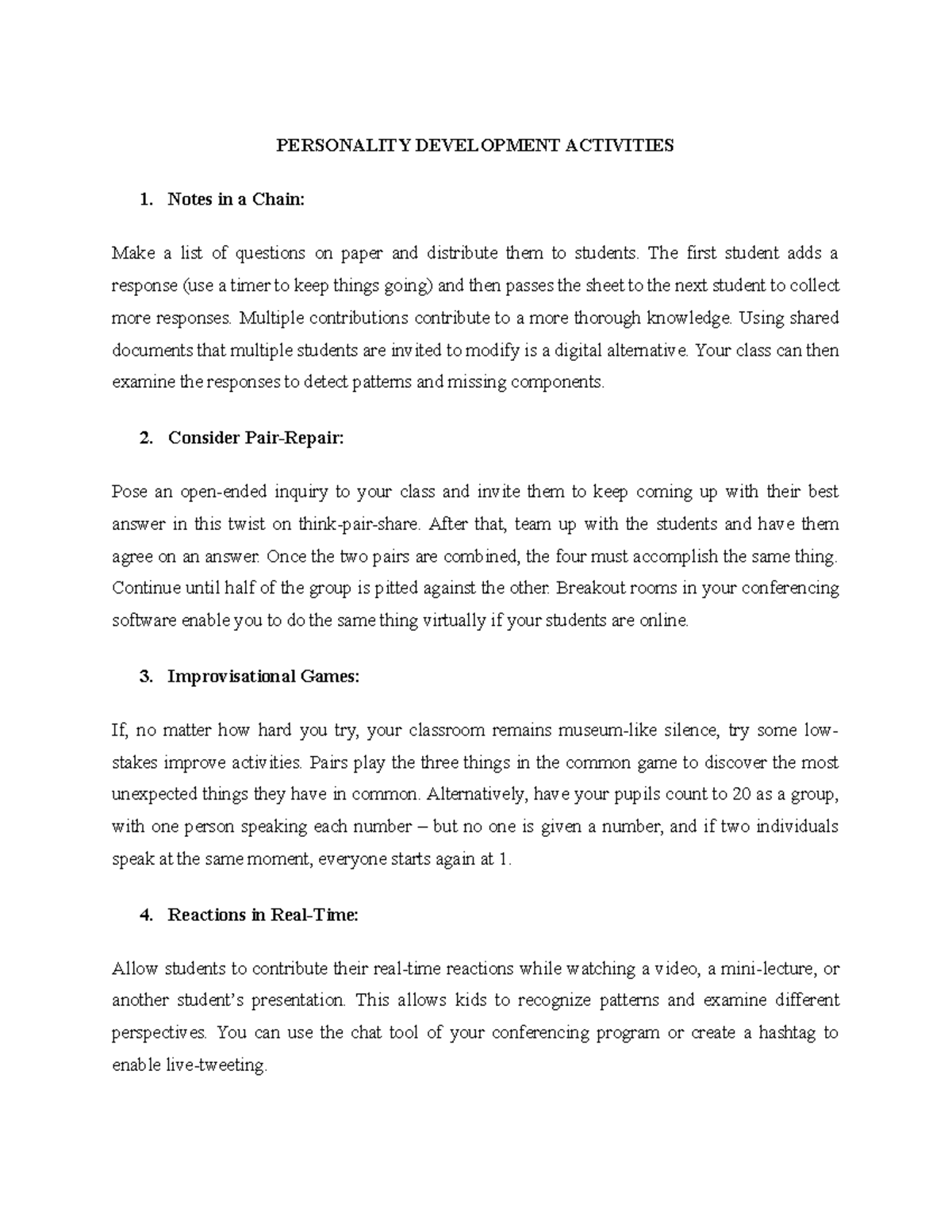 Personality Development Activities - PERSONALITY DEVELOPMENT ACTIVITIES ...