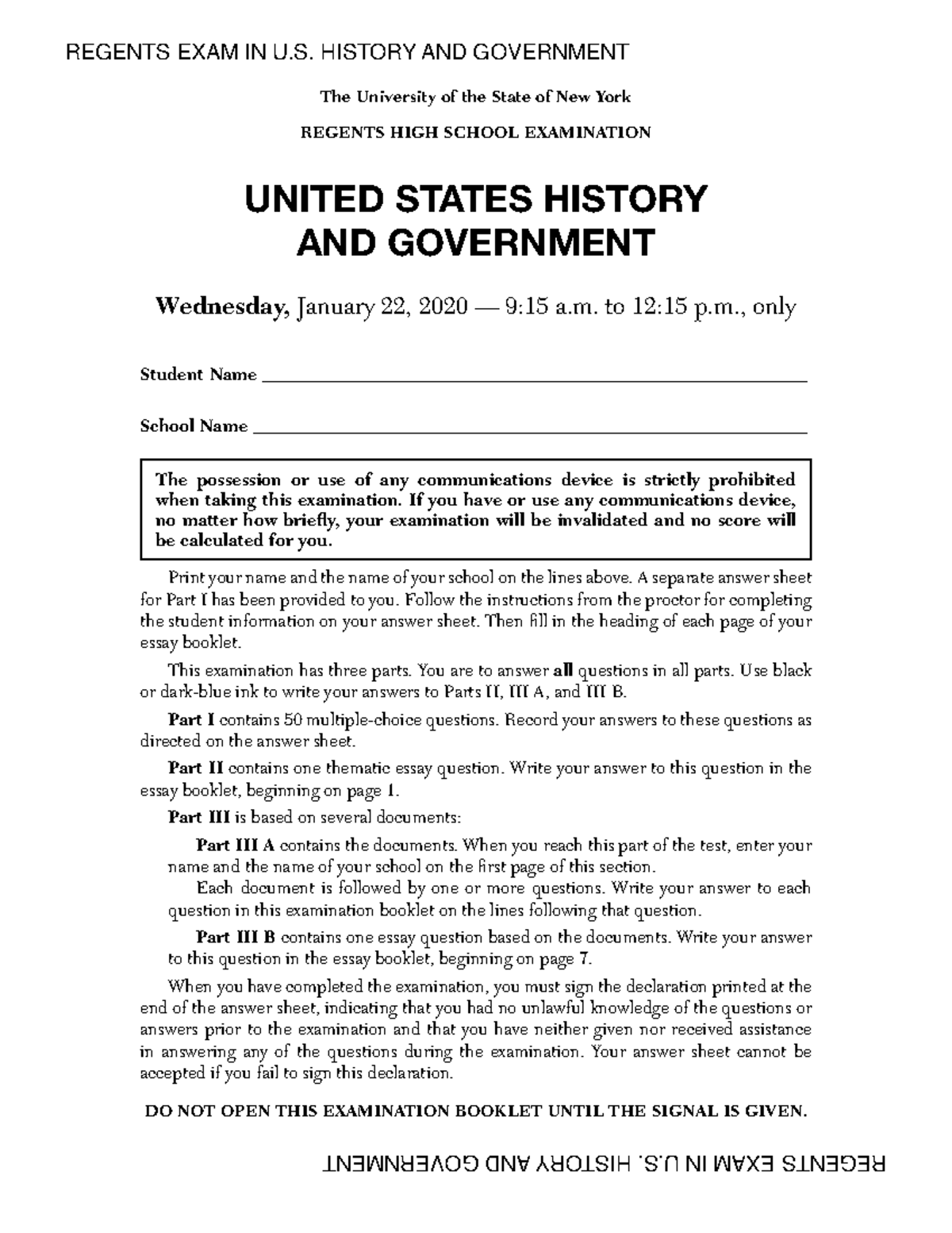 Us Hitory past papers - REGENTS EXAM IN U. HISTORY AND GOVERNMENT ...