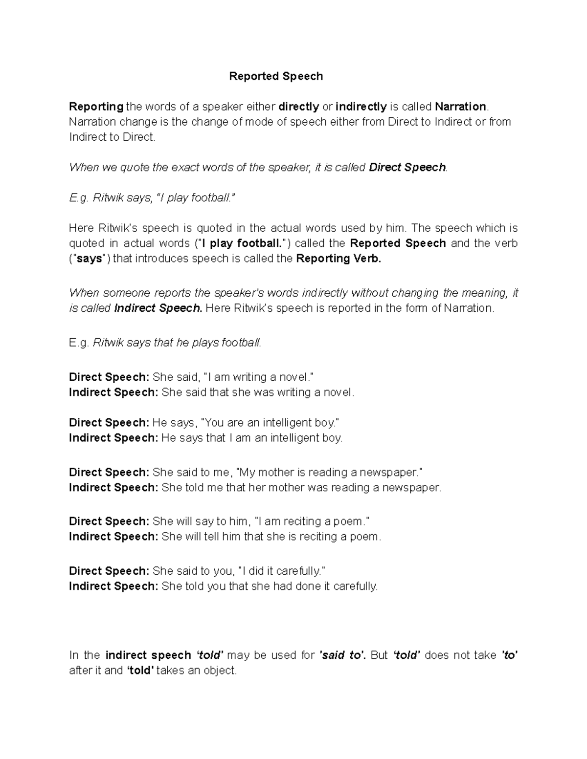 Reported Speech Short Notes - Reported Speech Reporting the words of a ...