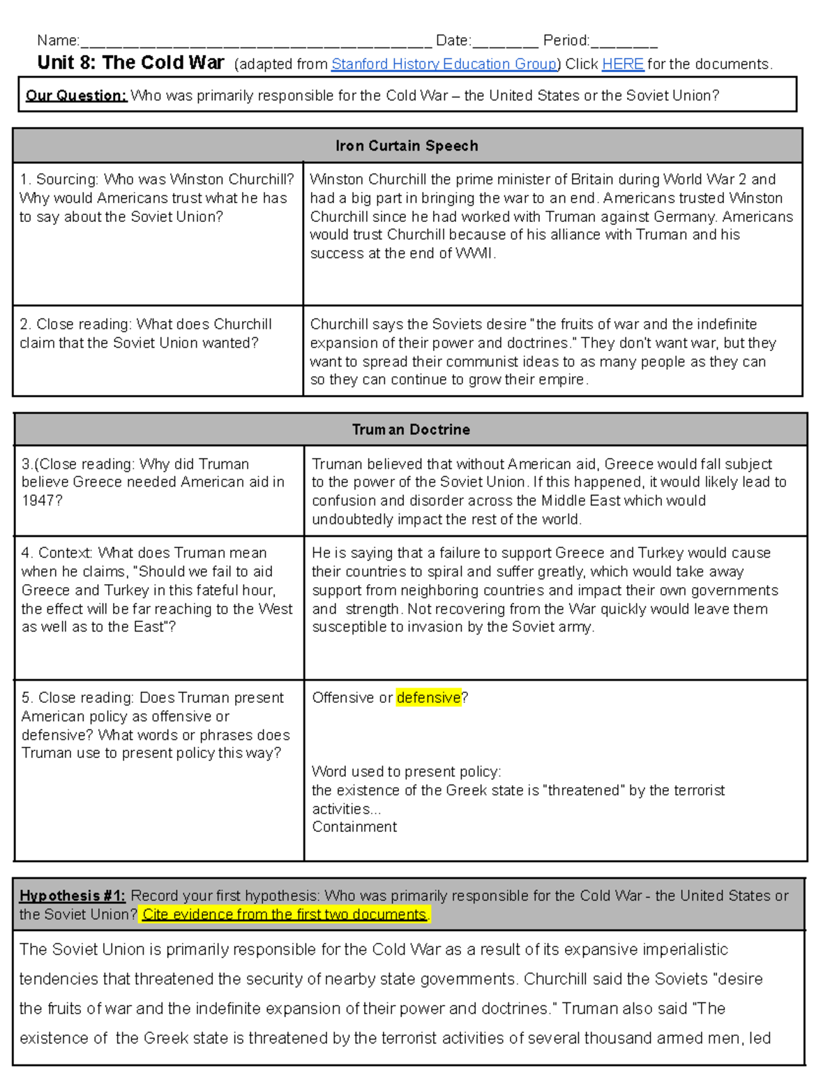 Unit 8 Cold War Lesson Student Handout - Name