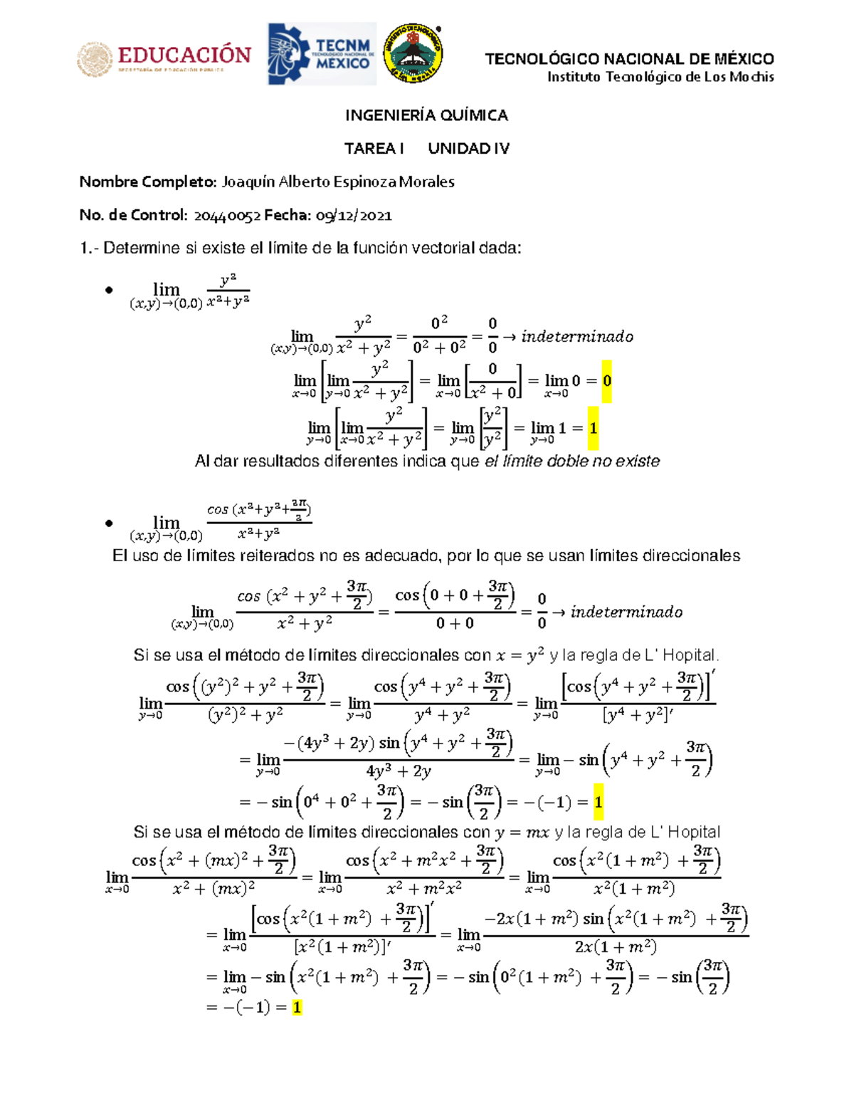 Tarea 12: límites de funciones multivariable - TECNOLÓGICO NACIONAL DE ...