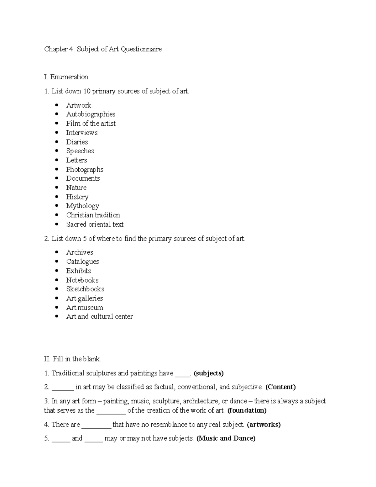 Chapter 4 Questionnaire - Chapter 4: Subject of Art Questionnaire I ...