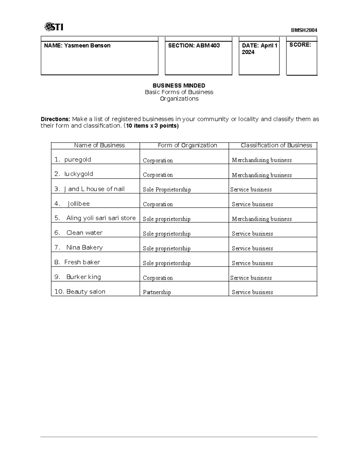 01 Activity 1 - BMSH NAME: Yasmeen Benson SECTION: ABM 403 DATE: April ...