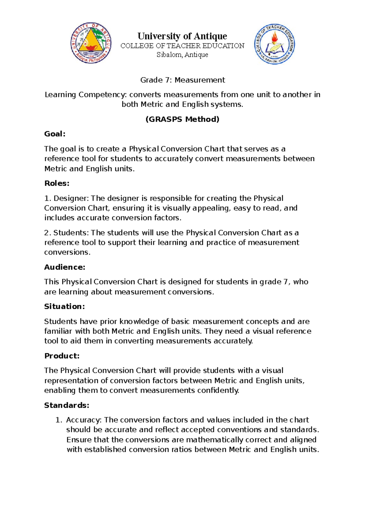 Sample of GRASPS, Checklist, and Interview Sheet in Mathematics ...