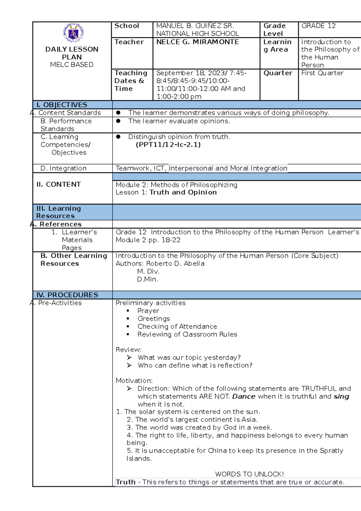 Lesson Plan ELS 2 - LECTURE NOTES - DAILY LESSON PLAN MELC BASED School ...