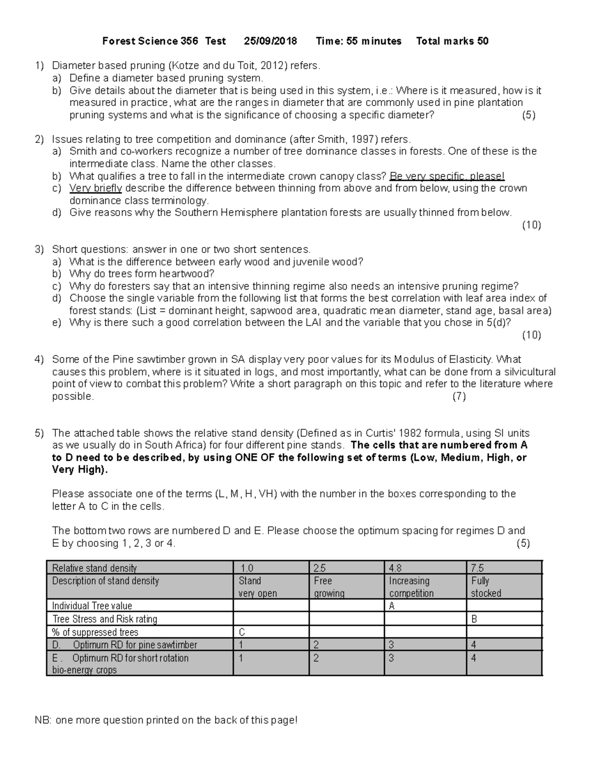 Thinning and Pruning test - Forest Science 356 Test 25/09/2018 Time: 55 ...