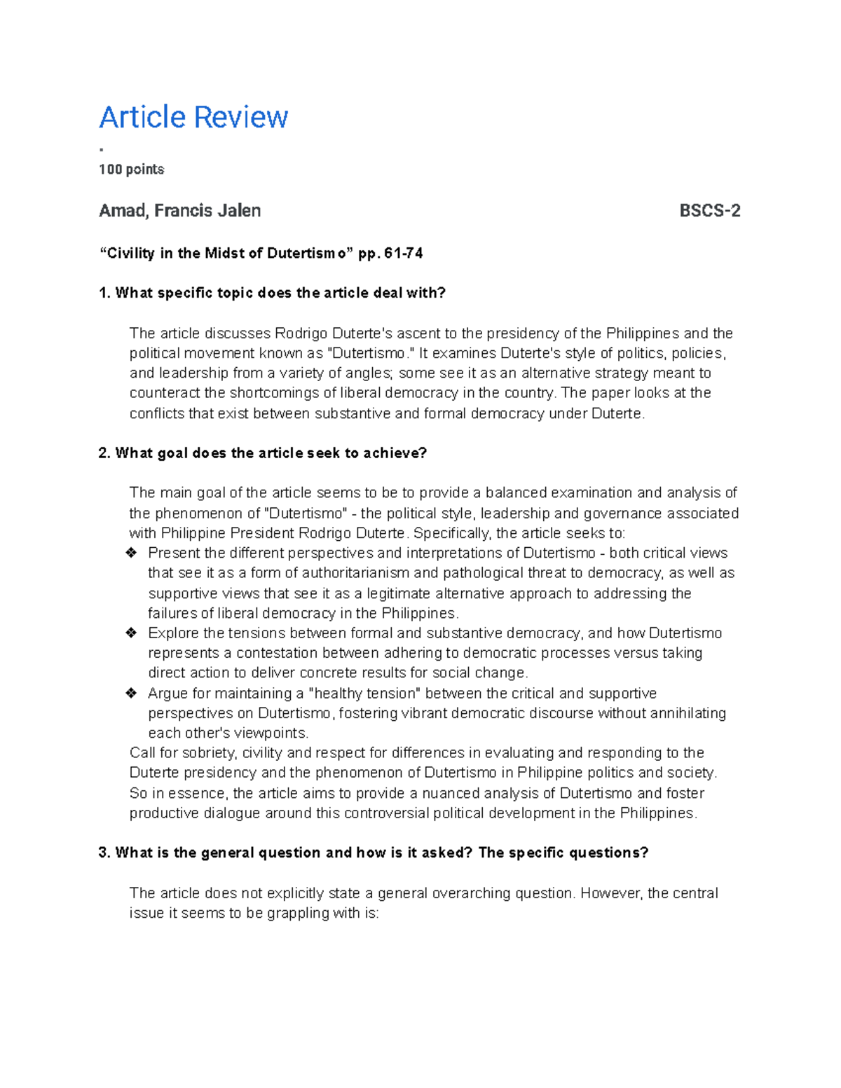 Article Review - “Civility in the Midst of Dutertismo” - Article Review ...