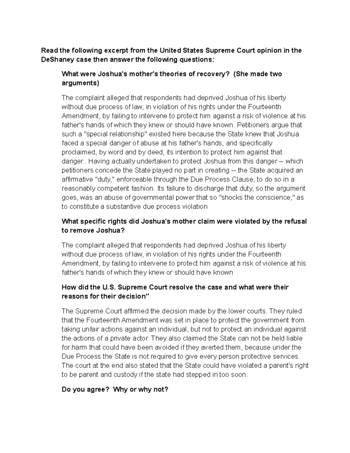 Ch. 14 Court Opinion Assignment Joshua De Shaney - Read the following ...