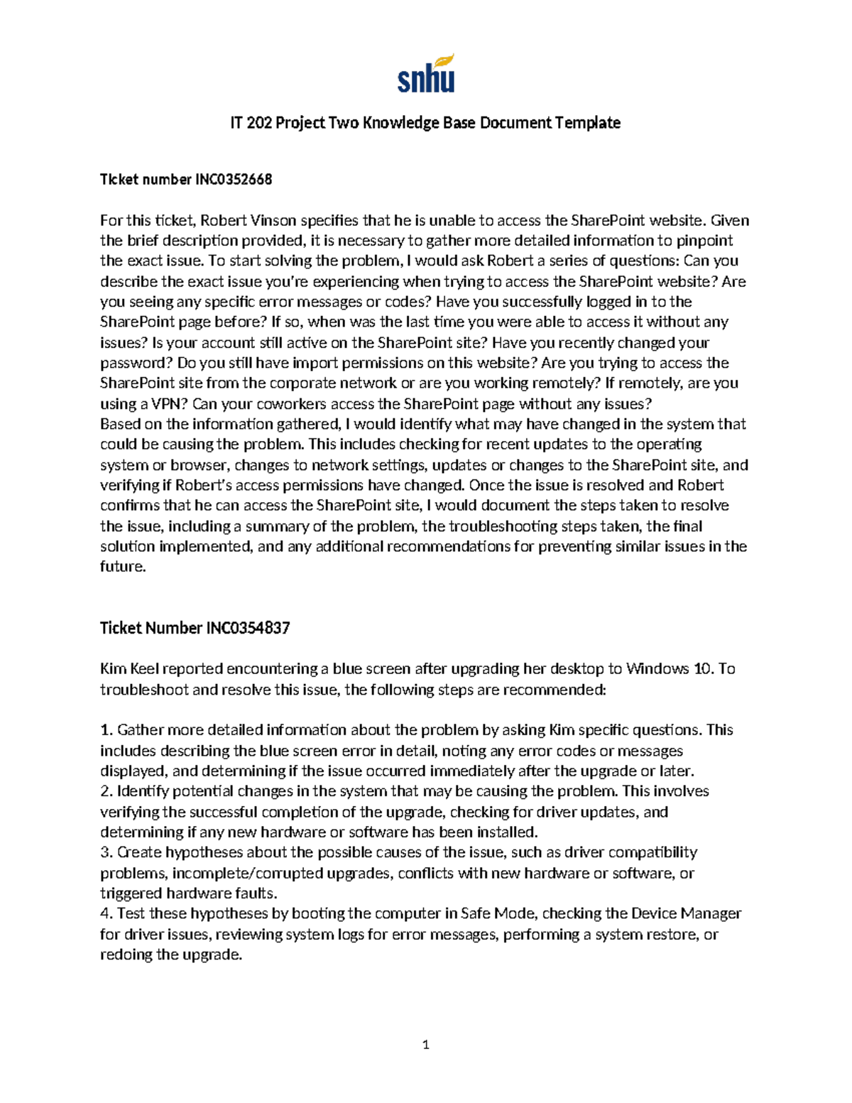 2-4 Project One Milestone: Site Survey - IT 202 Project Two Knowledge Base Document Template ...