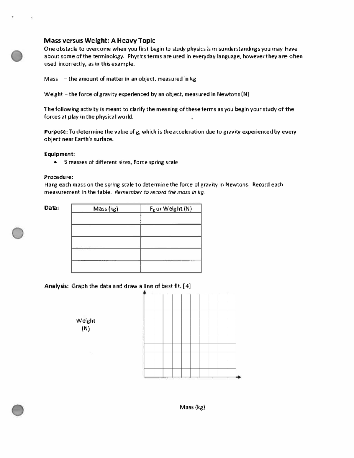MassVsWeightLab - ####### Mass versus Weight: A Heavy Topic One ...