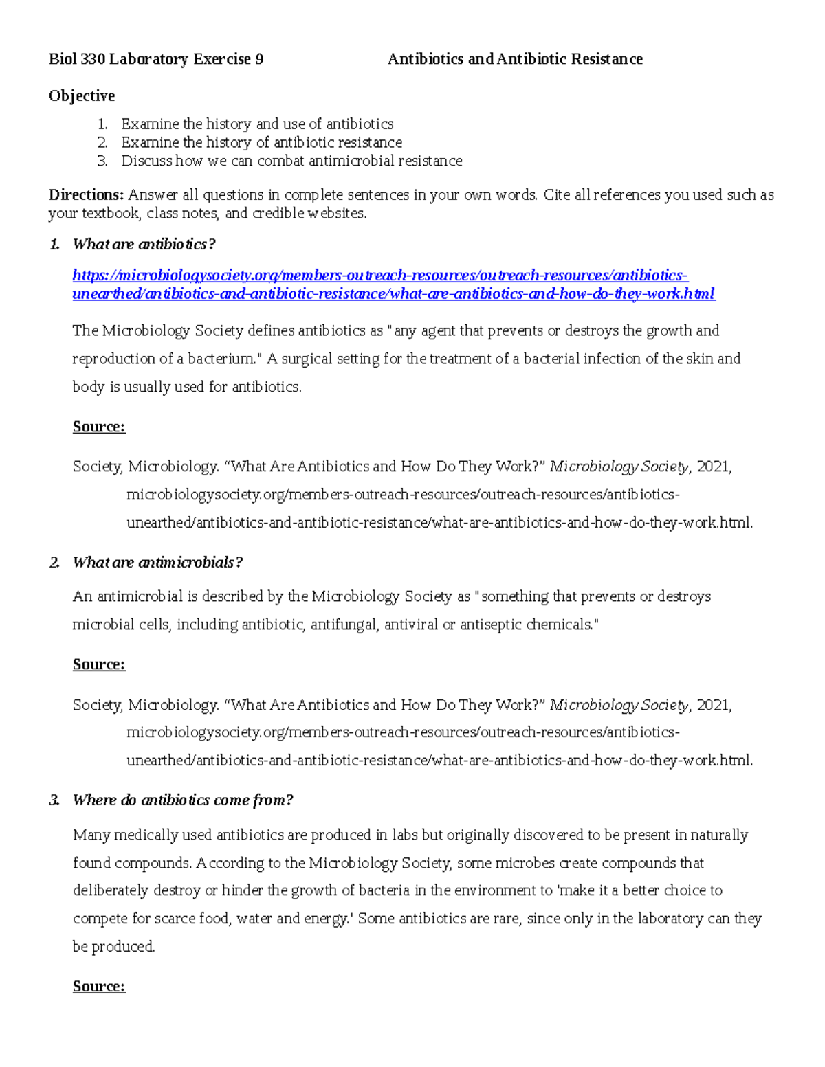 Antibiotics and Antibiotic Resistance - Biol 330 Laboratory Exercise 9 ...