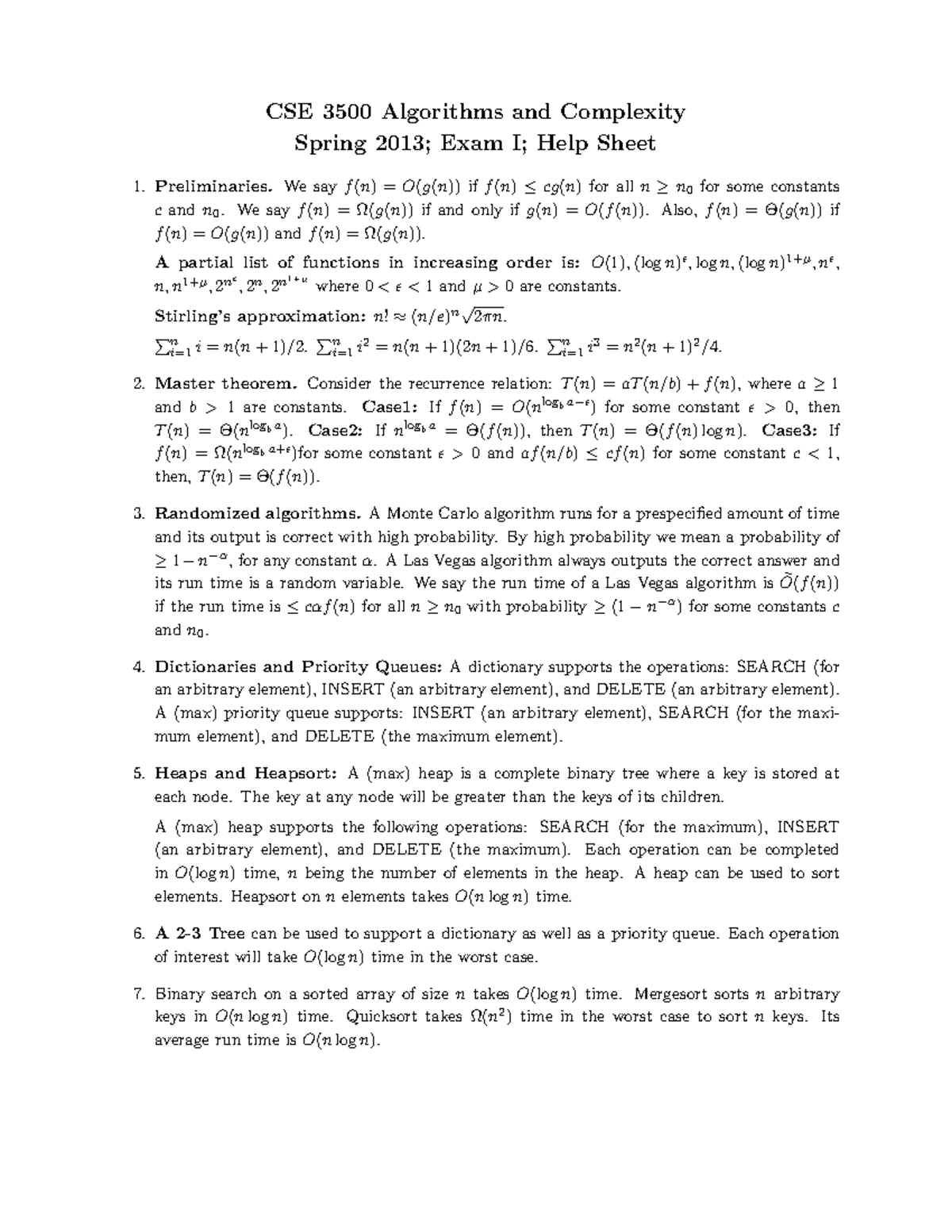 Practical Spring 2013 Exam 1 3 Helping Sheet Cse 3500 Algorithms And Complexity Spring