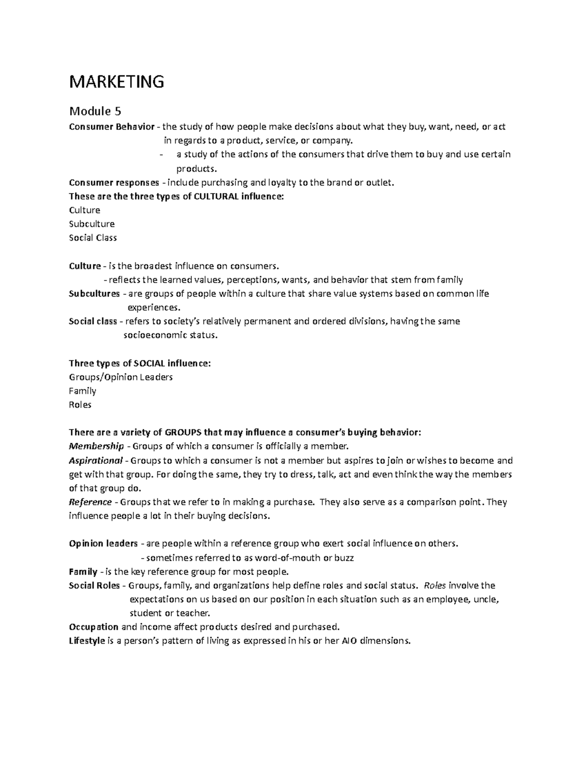 Finals-reviewer Marketing-FABM - MARKETING Module 5 Consumer Behavior ...
