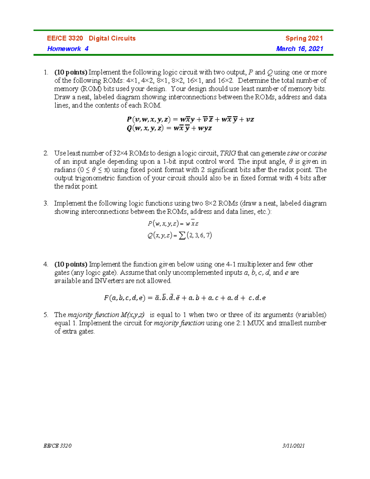 Hw4 - EE/CE 3320 3/11/ 1. (10 points) Implement the following logic circuit with two output, P ...