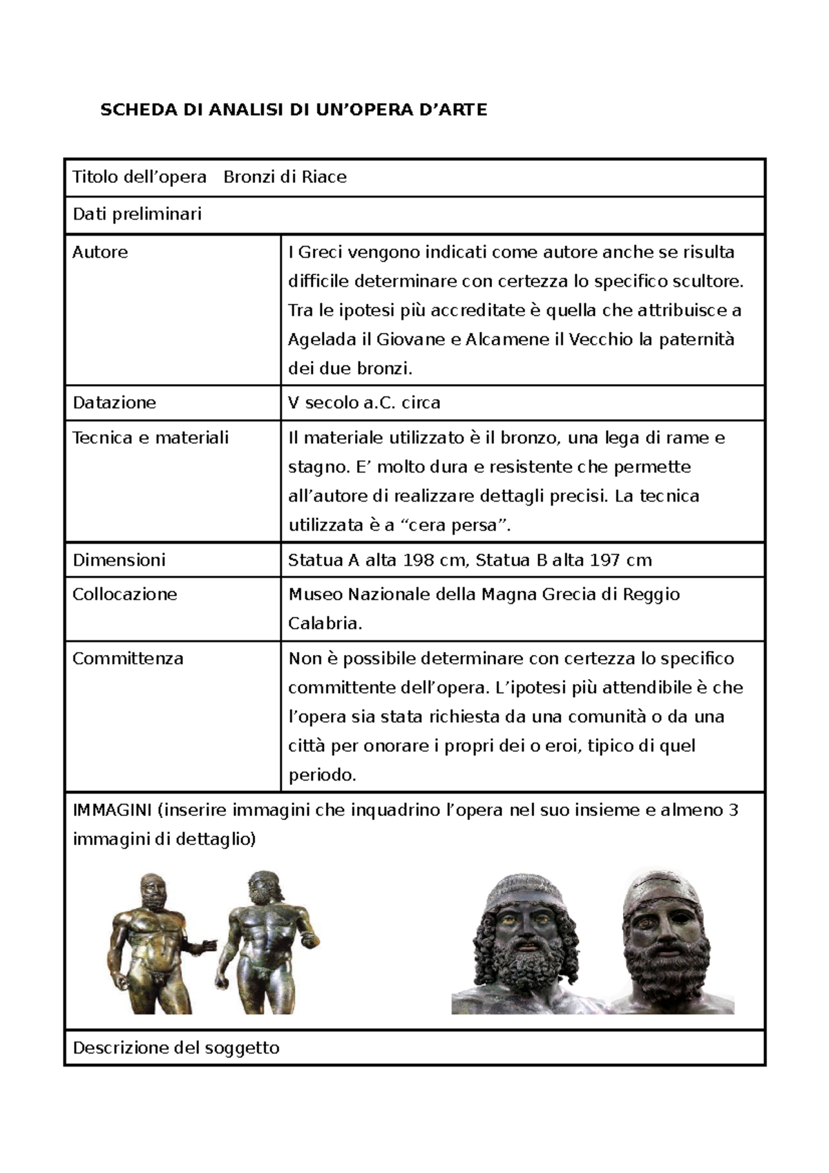 Bronzi Di Riace - Analisi opera - SCHEDA DI ANALISI DI UN’OPERA D’ARTE ...
