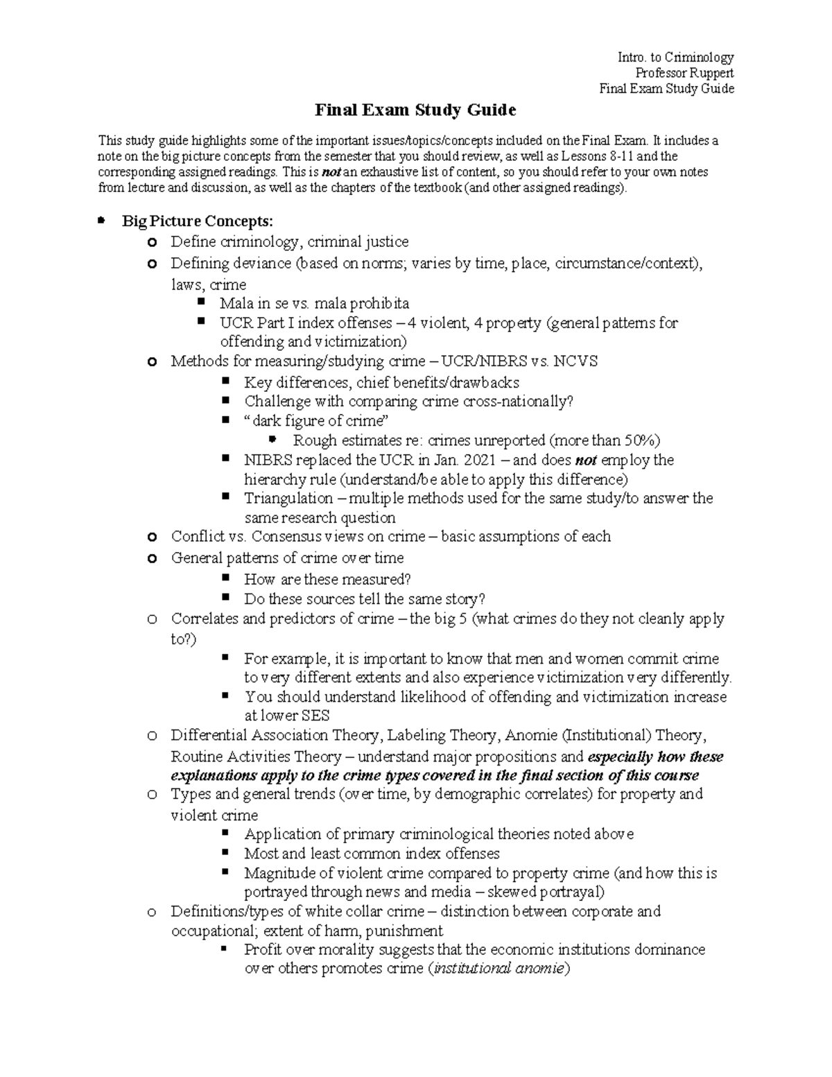 CRIM1410 Final Exam Study Guide Lesson 8-12 - Professor Ruppert Final ...