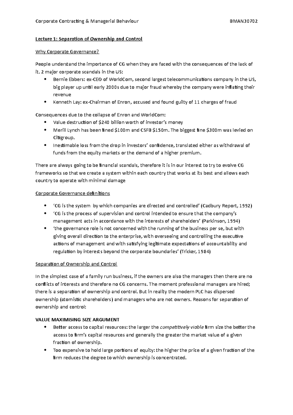 Lecture 1 - Separation fo Ownership and Control - Corporate Contracting ...