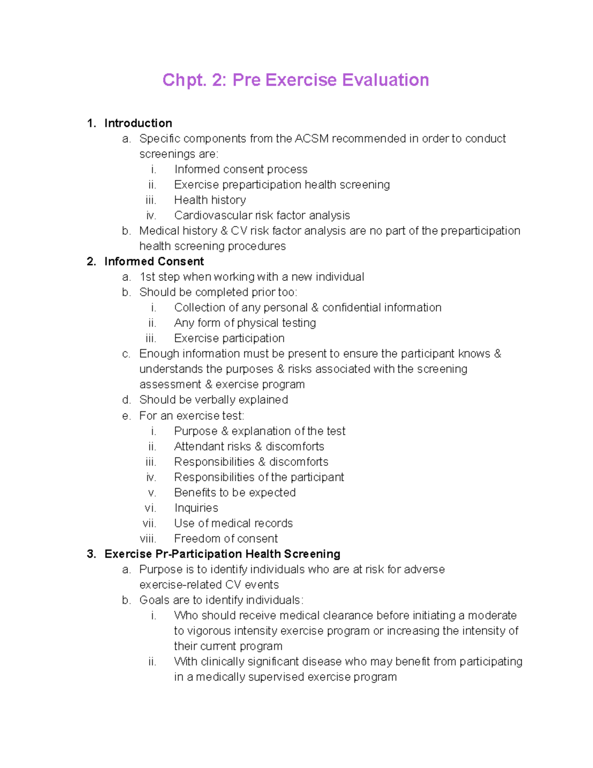 Chapter 2 notes-3 - Chpt. 2: Pre Exercise Evaluation 1. Introduction a ...